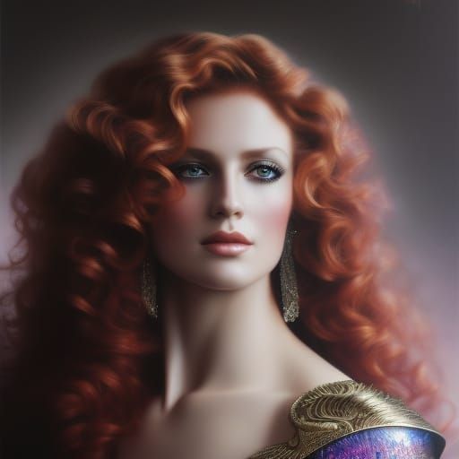 Gorgeous curly red-headed goddess, iridescent glittering fabric ...