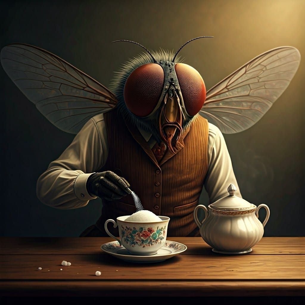 A human-size anthropomorphic fly with iridescent wings and large ...