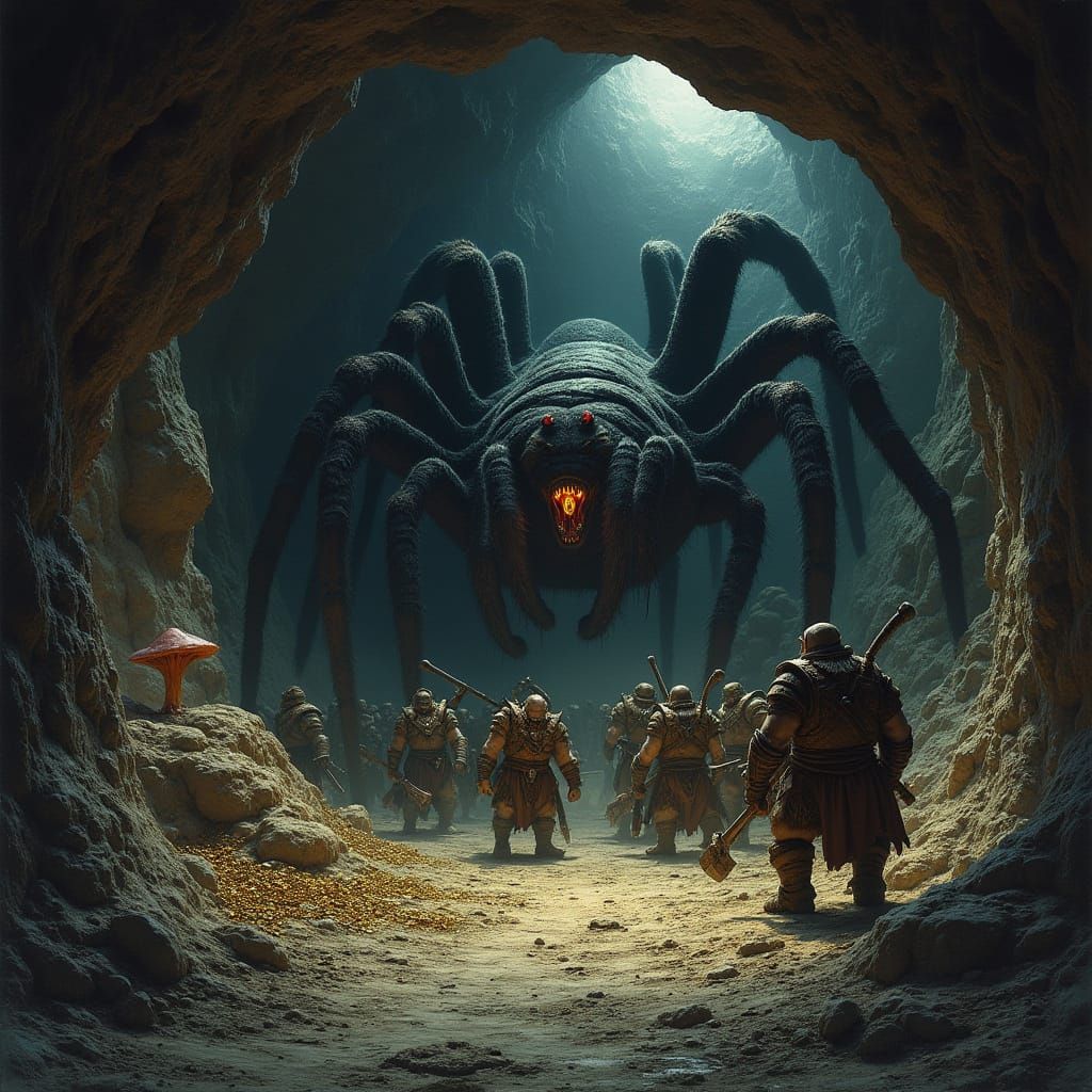 In a dark tunnel with stone walls, an uneven floor with a rough ceiling ...