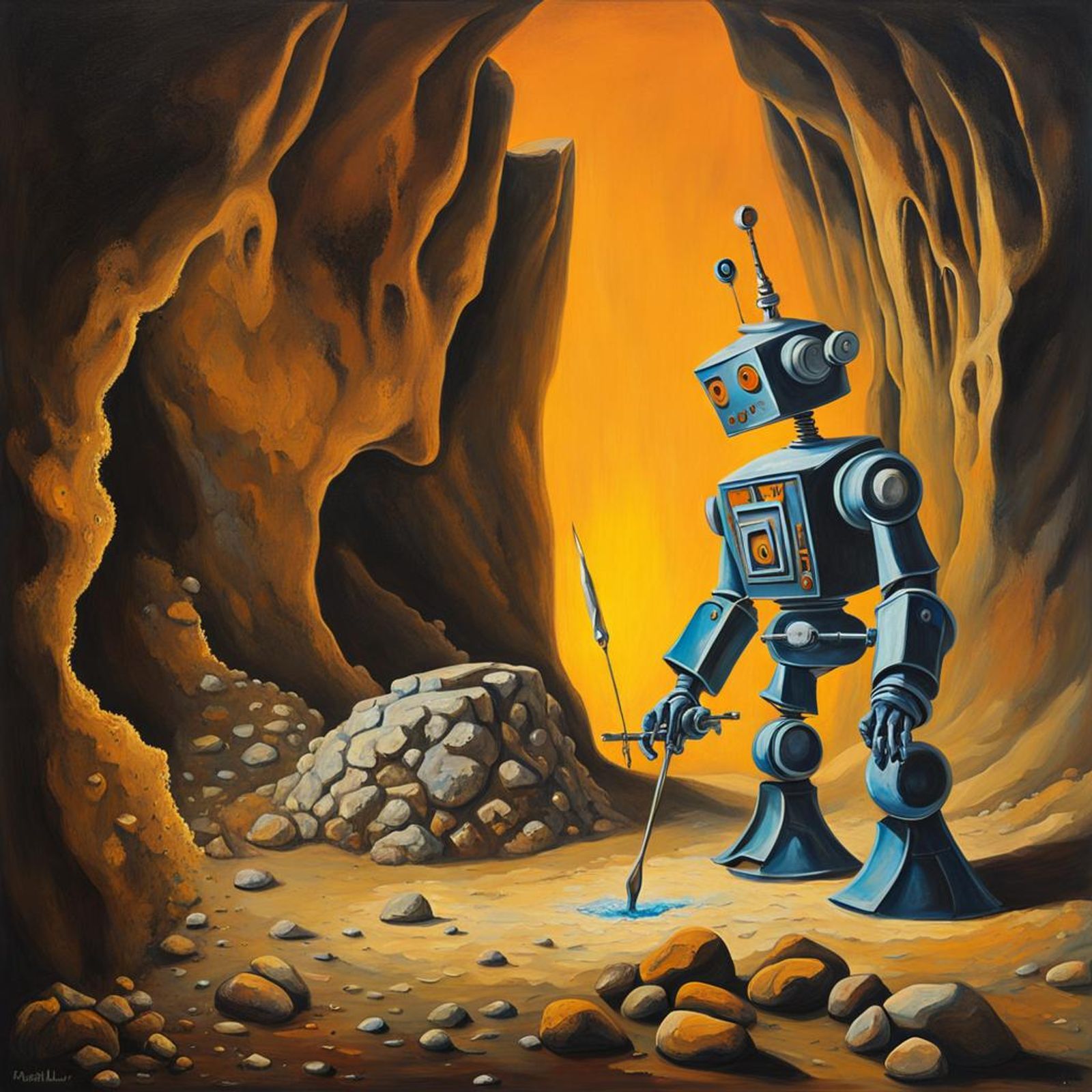 Stone age robot painting a crude robot on a cave wall - AI Generated ...
