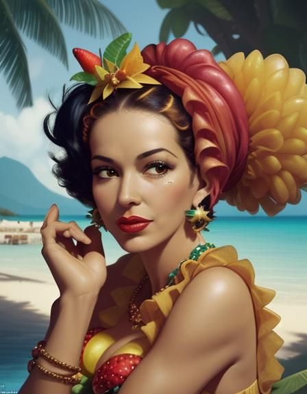 Carmen Miranda with her fruit turban on a Island Oasis. Chica chica ...