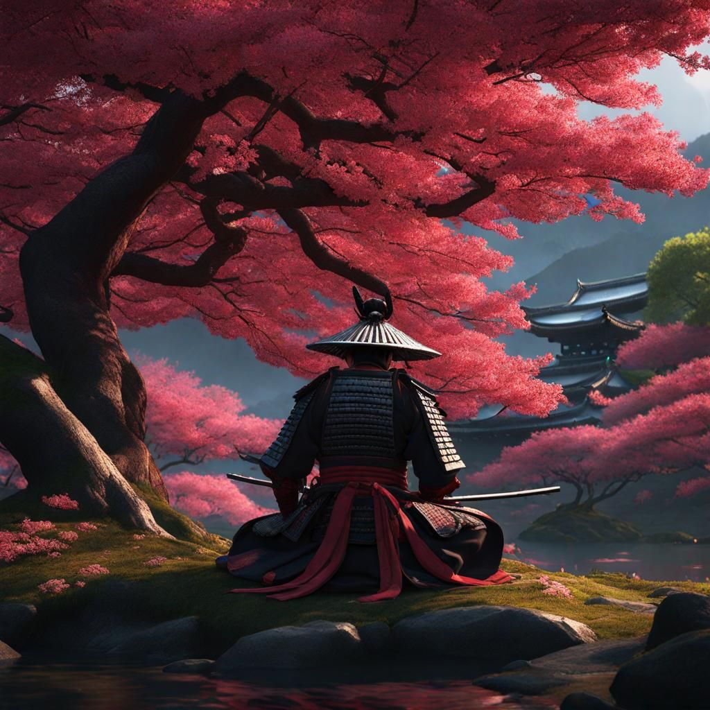 japanese samurai resting bellow a cherry tree - AI Generated Artwork ...