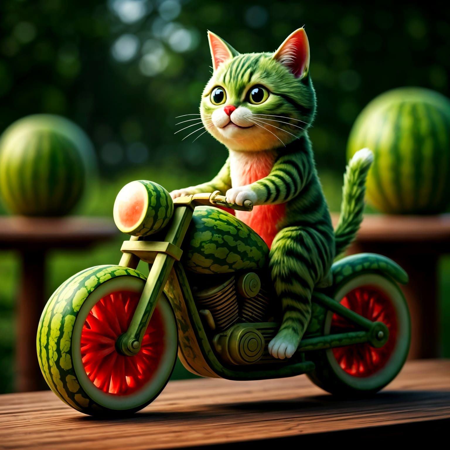 Watermelon Cat riding a Watermelon Motorcycle