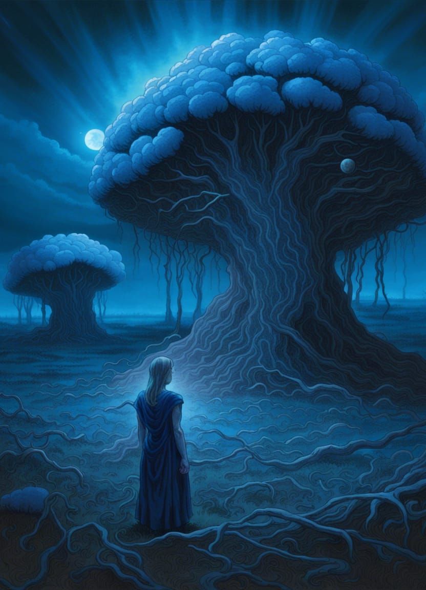 Glowing blue mycelium all over empty field horror Gustave Doré Greg ...