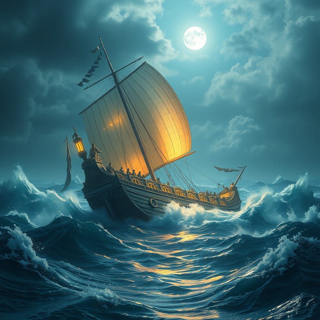 Medieval Sinking Vessel Under Moonlit Turbulent Se... - AI Art