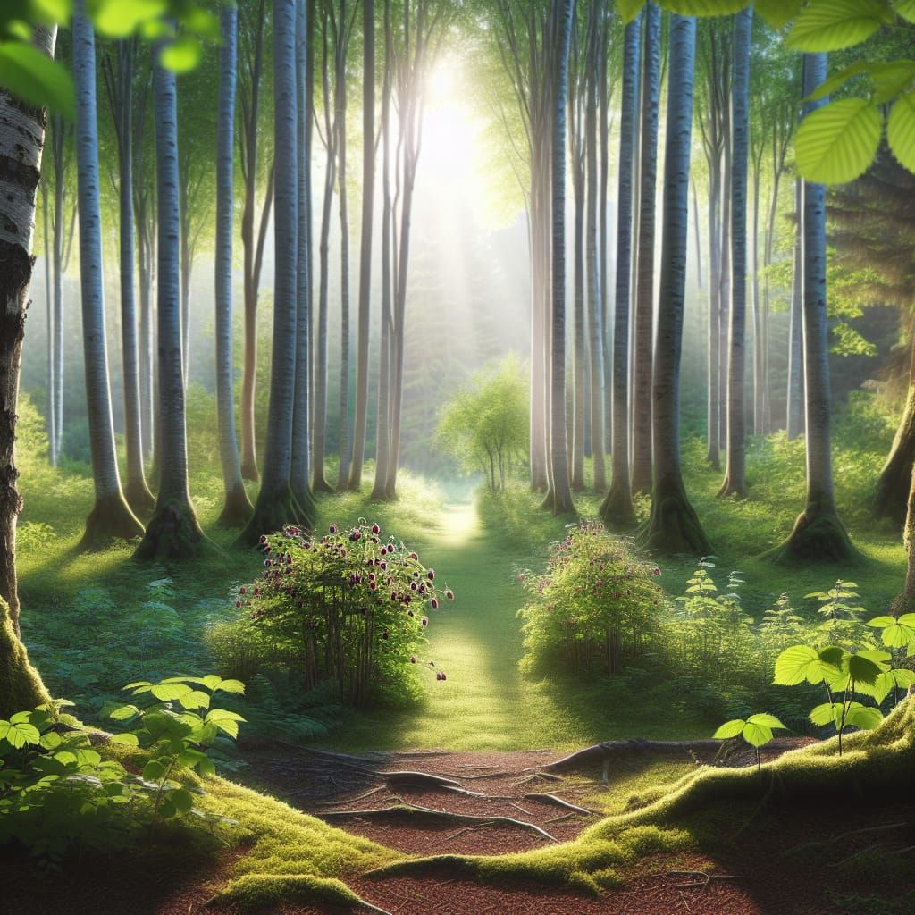 realistic photo, a very bright and welcoming clearing, a large grove of ...