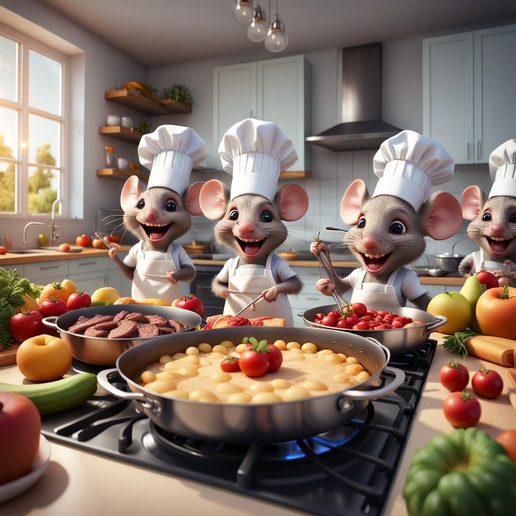 Group of joyful mices cooking yummy meals in a bright kitchen, smiles ...