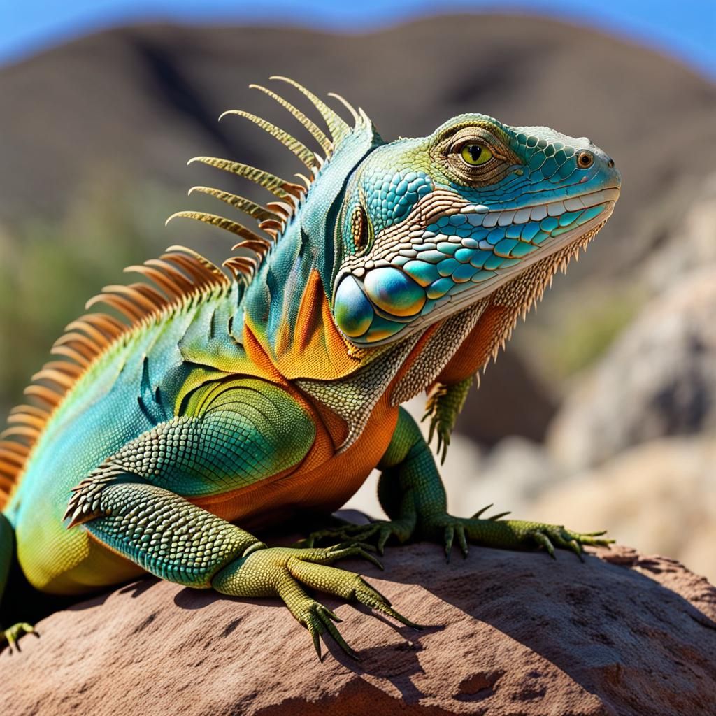 8k realistic, intricate details, closeup of a colorful iguana, one eye ...