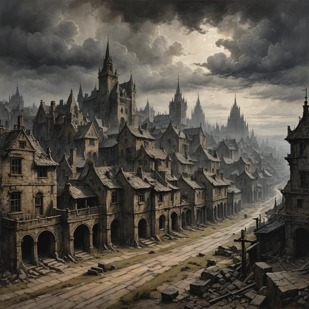 Rackham Blanchard "A dark abandoned city of stone buildings in a ...