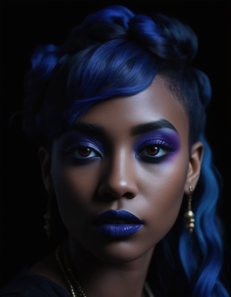 Stunning portrait of beautiful Gothic black woman with indigo blue hair ...
