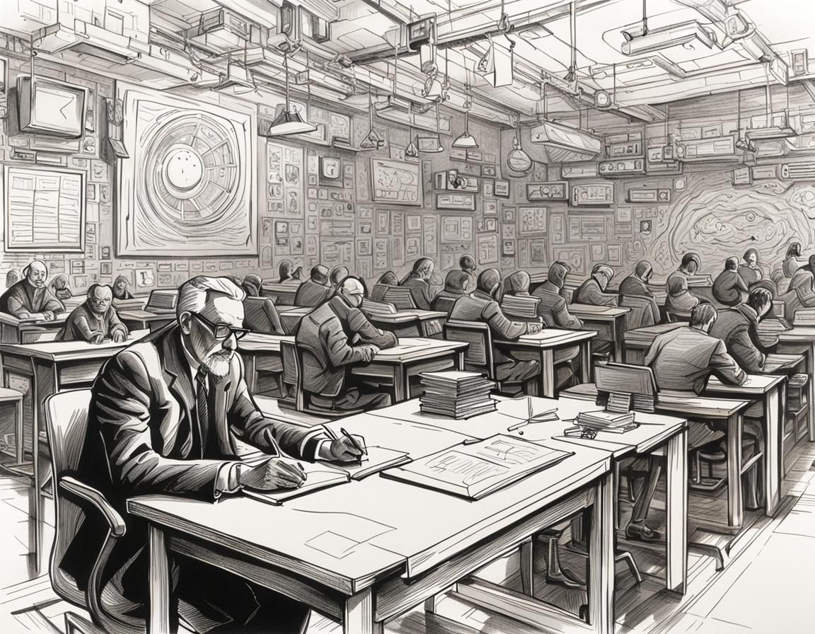 professor in classroom monochromatic ink drawing futuristic cyberpunk ...