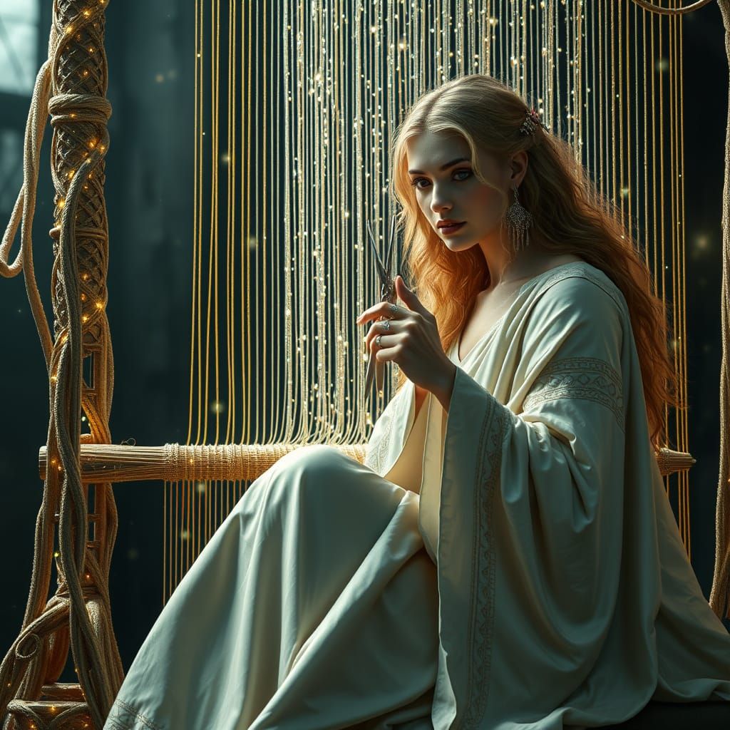 a female Fate cutting a string on a loom of fate for book cover