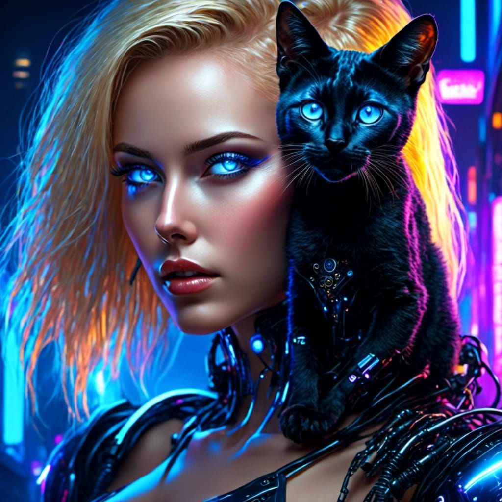 cyberpunk humanoid with a black cat on his shoulder - AI Generated ...
