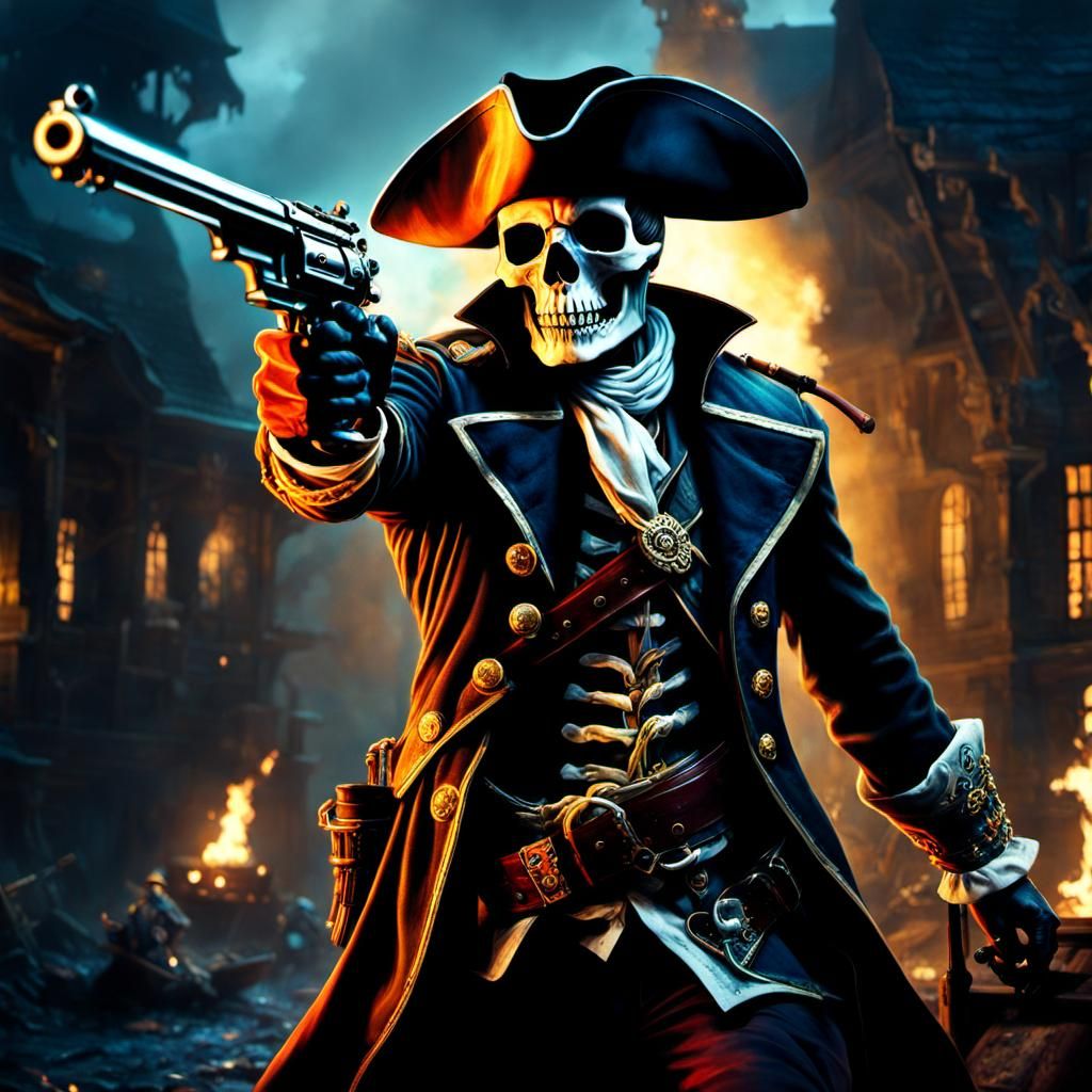 Skeleton pirate fires a flintlock(?) pistol - AI Generated Artwork ...