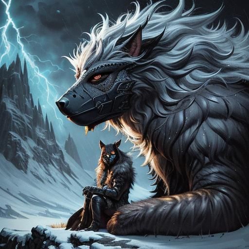 Close-up of a masked creature sitting in a storm with a magical animal ...