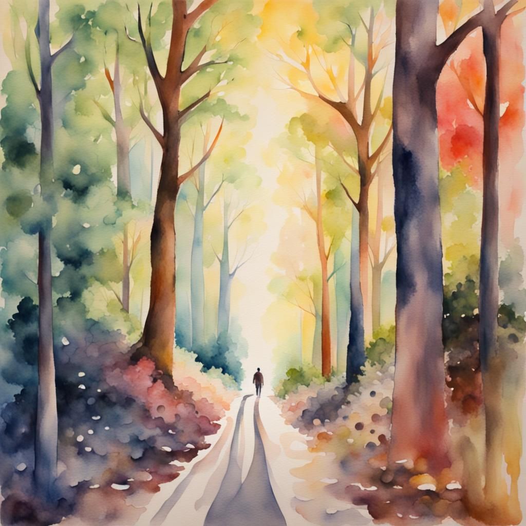 Watercolor path to enlightenment, light shining through trees, abstract ...
