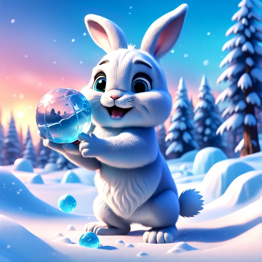 Cutest littel bunny playing in the snow with an ice ball - AI Generated ...
