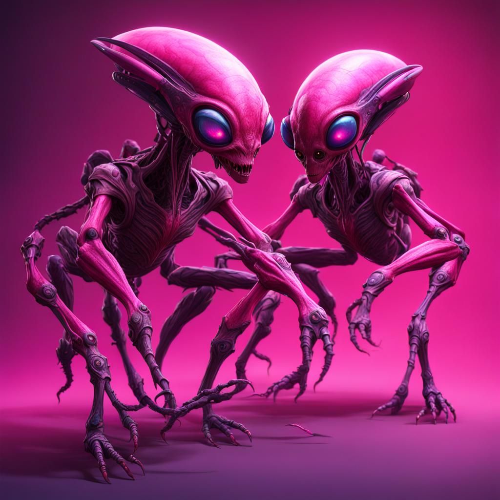 three alien looking bodies with pink body and with two wings and ...