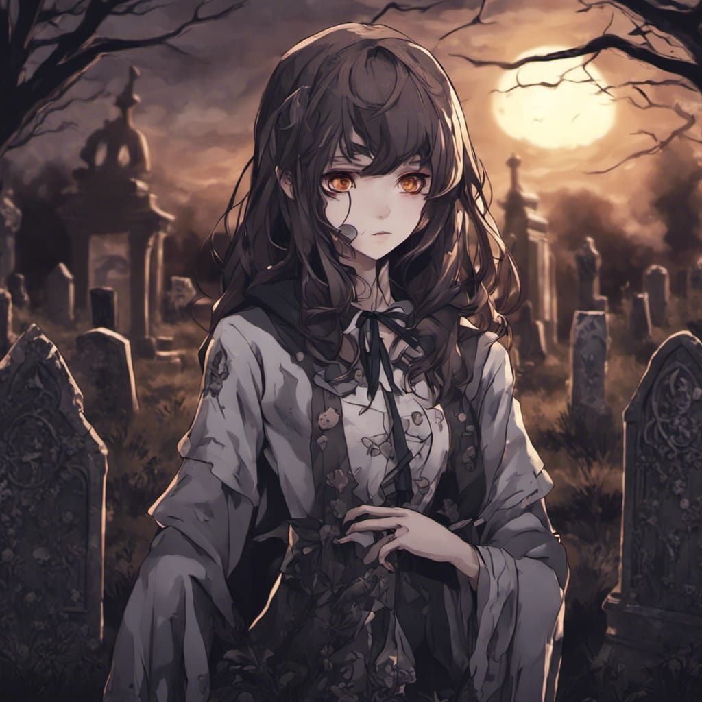 Cute anime necromancer girl in a graveyard at night with brown hair and ...