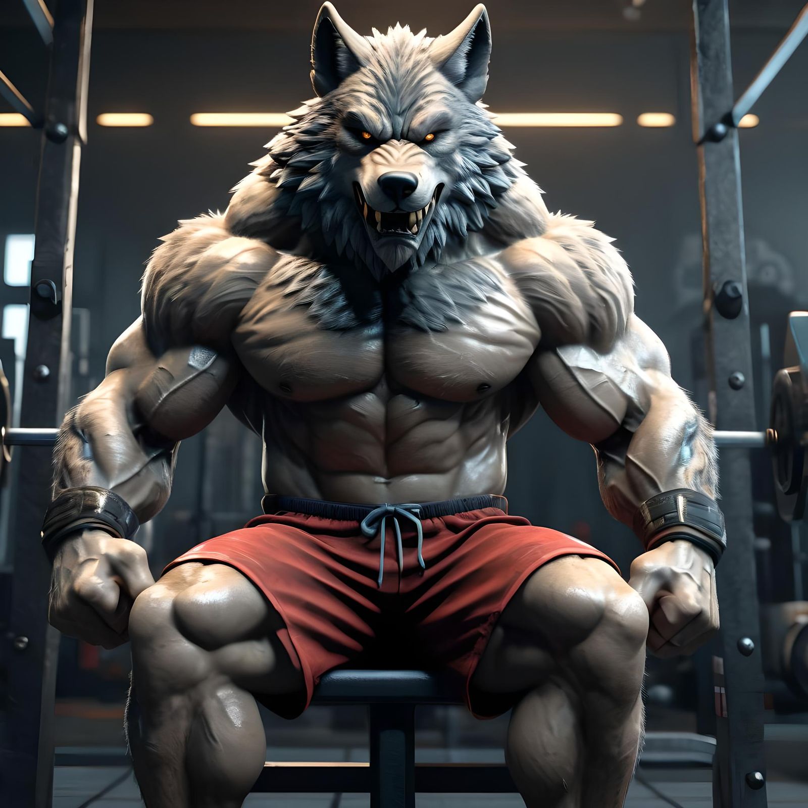 muscular wolf sitting on gym bench - AI Generated Artwork - NightCafe ...