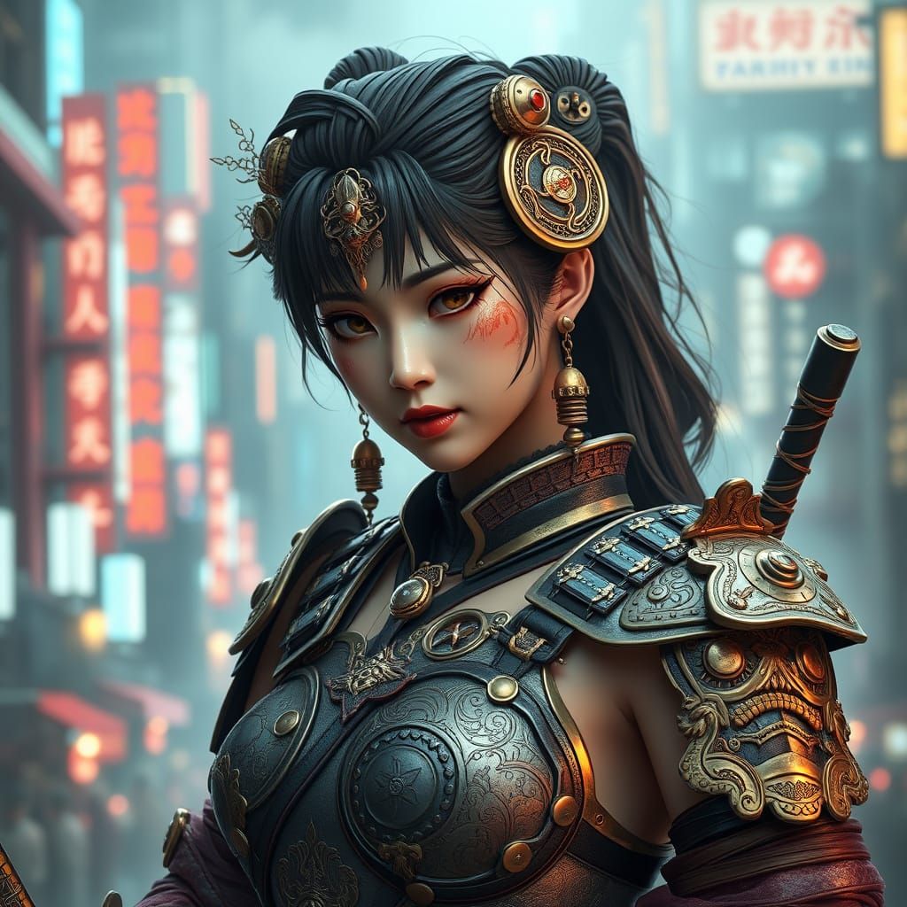 Steampunk Japanese Warrior in Elegant Armor - AI Art