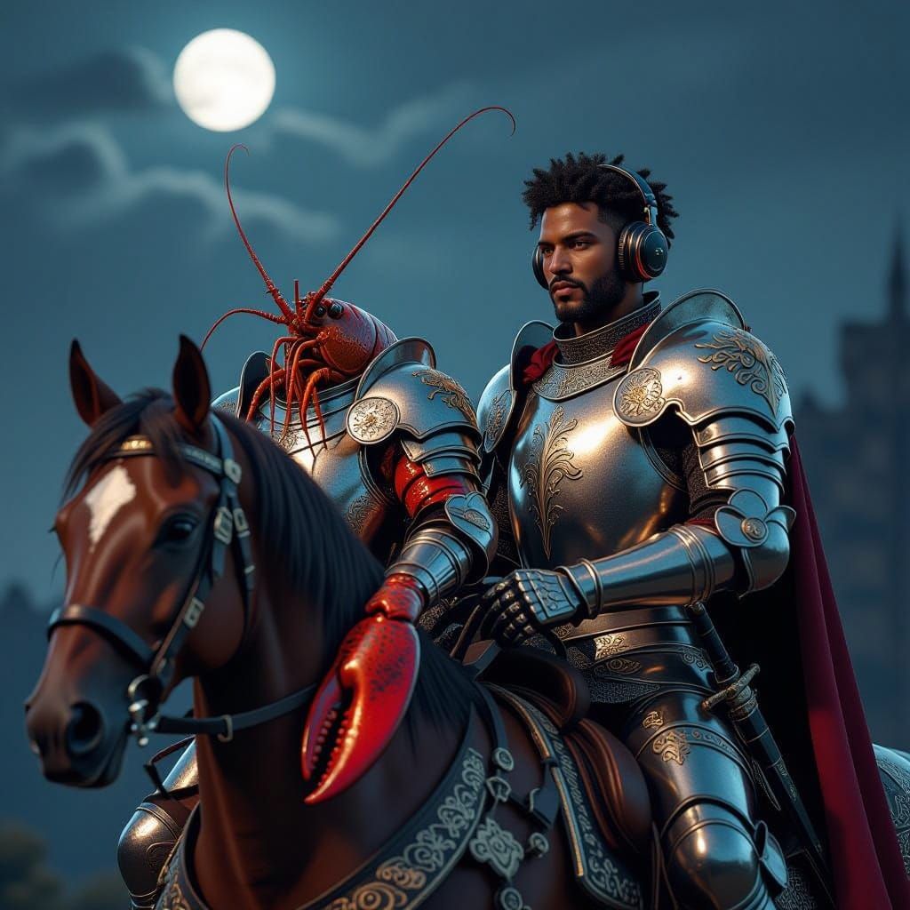 Regal Lobster Knight Rides with Armoured Companion... - AI Art