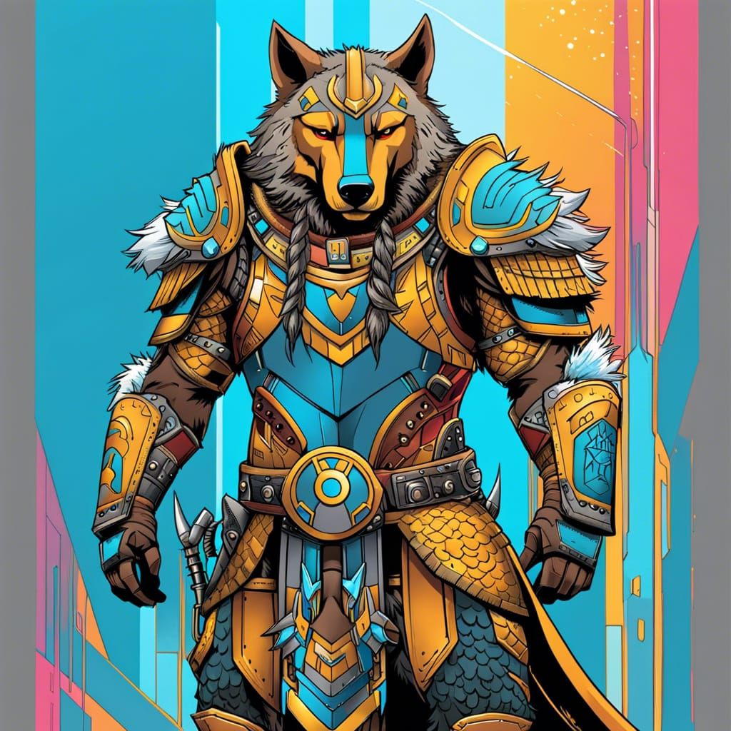 Solarpunk-style, full body, male, anthropomorphic, Bear-Wolf hybrid ...