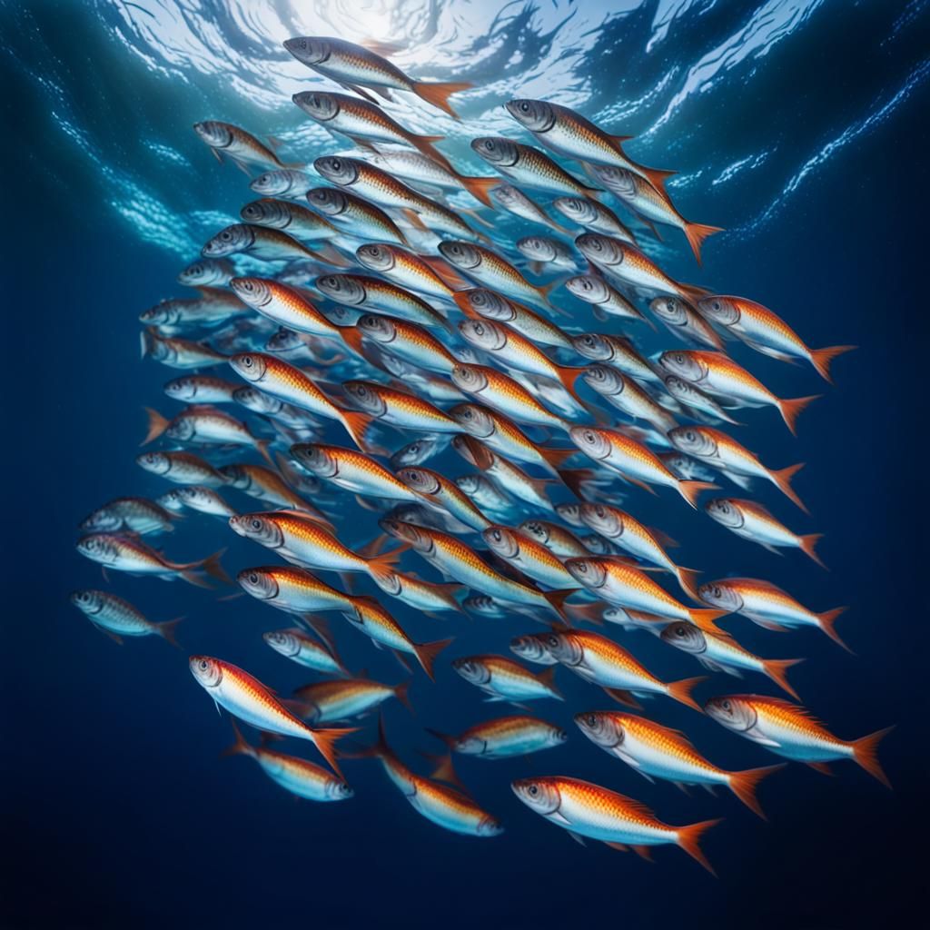 Deep blue ocean ,shoal of colourful fish twisting in fast formation ...
