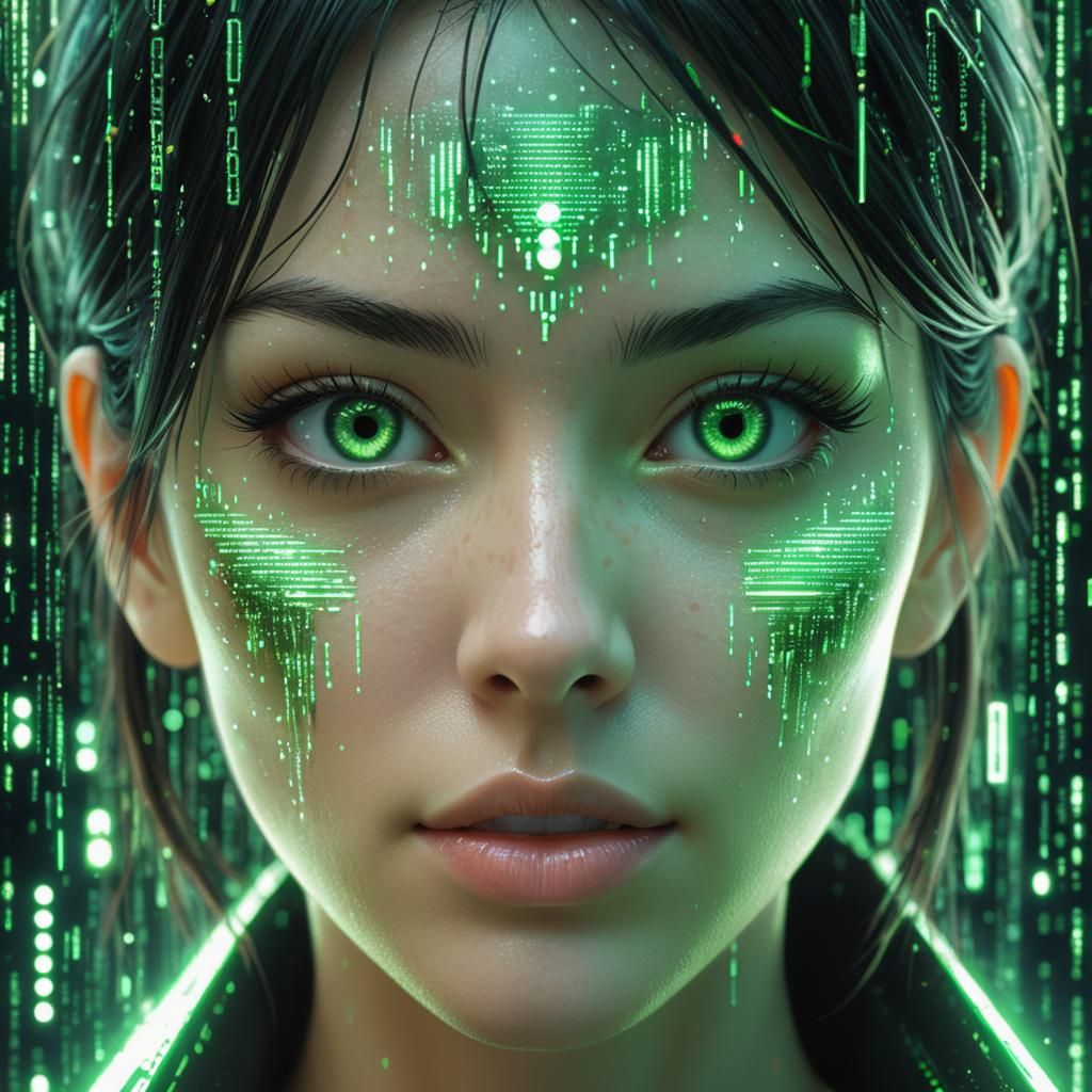 matrix style, holographic , green Matrix code , binary code , glitch, double exposure cinematic ...