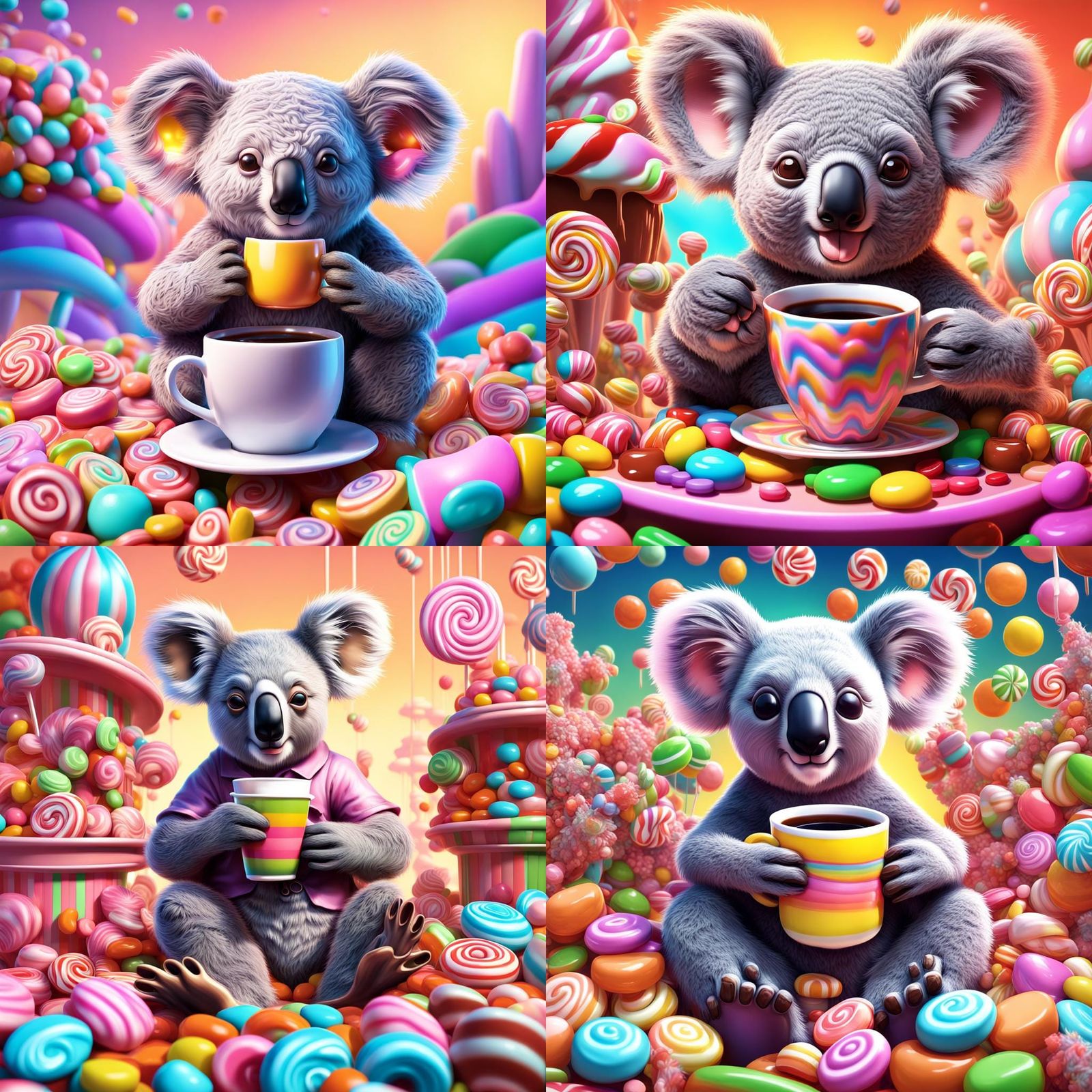 Computer Programmer Koala sitting in candyland drinking a good cup of java - AI Generated ...