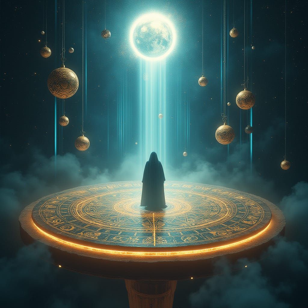 Mysterious Figure on Ancient, Glowing Platform in ... - AI Art