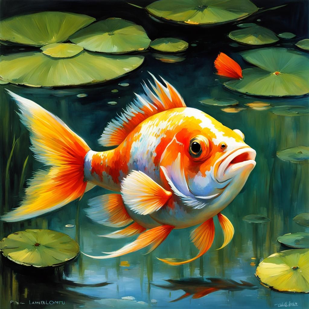 chibi adorable fish in a pond : "fluffy fur" : Impressionism movement ...
