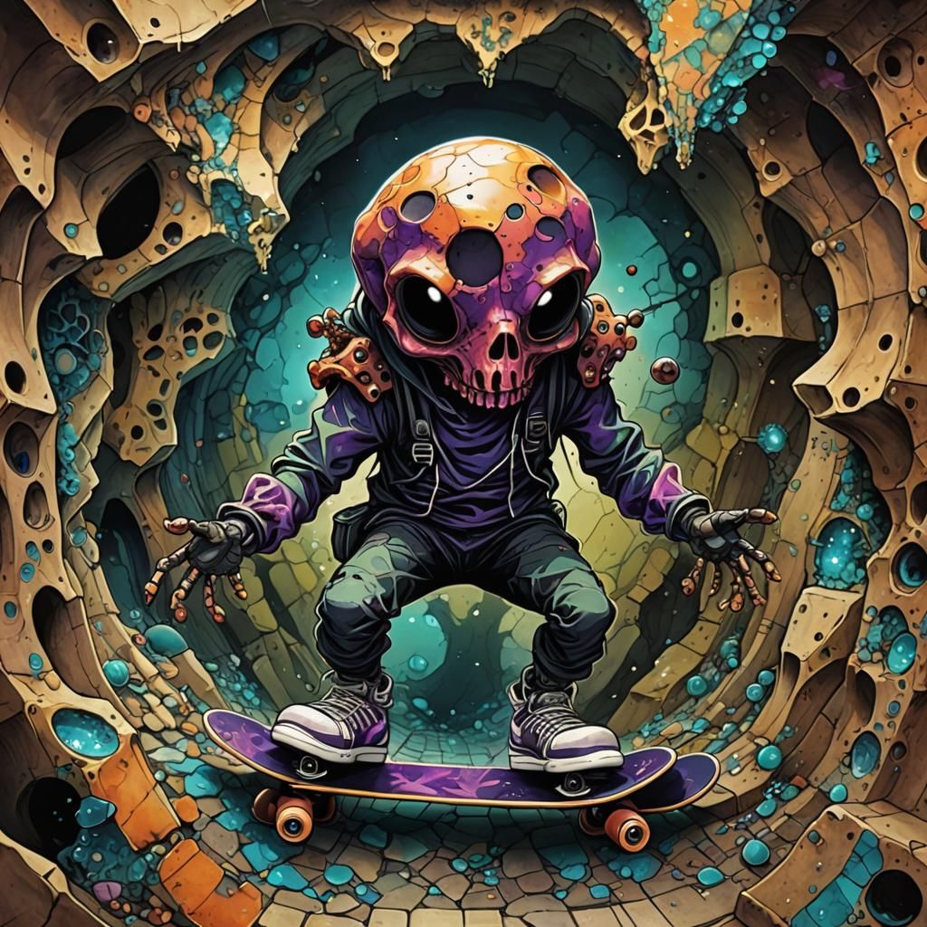 (myconid:3)-SKATEBOARDER IN catacombs // fractals, alcohol ink, cel ...