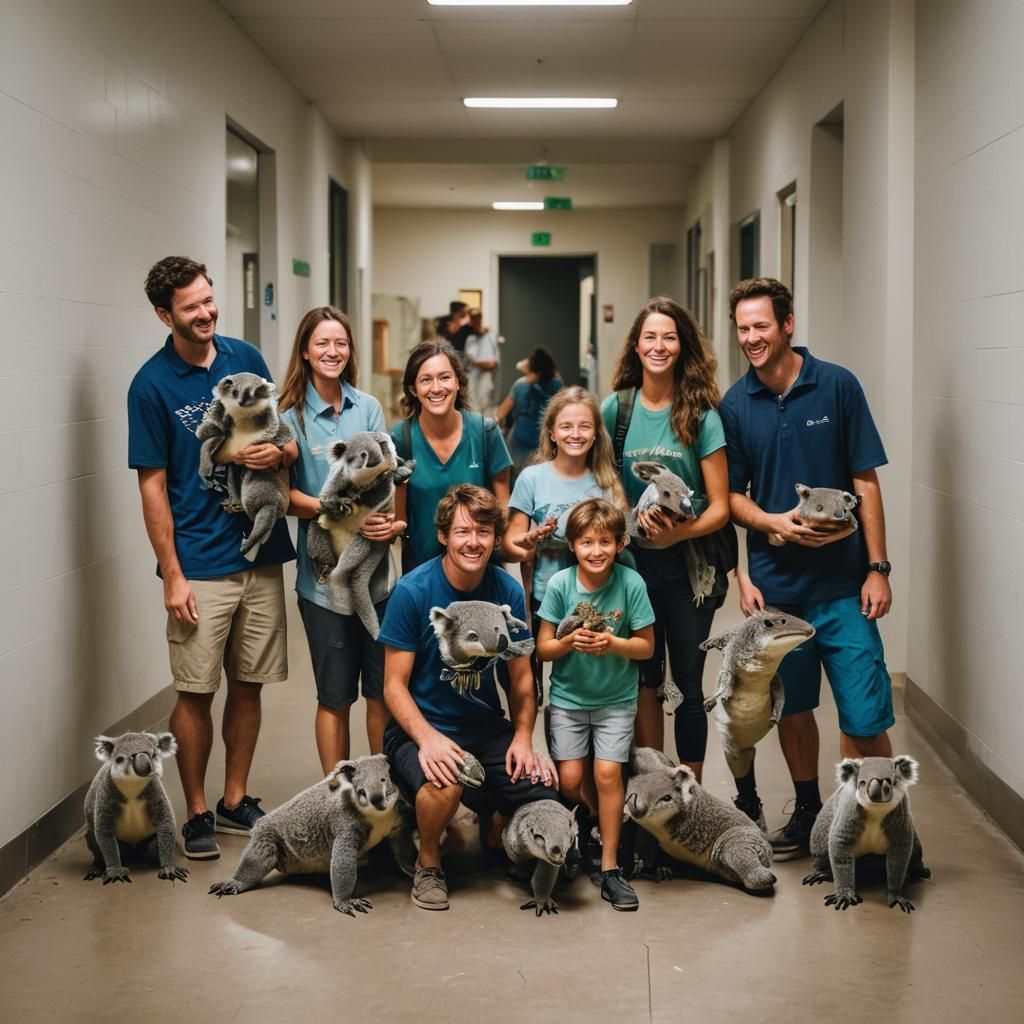 Zoo staff holding koalas and babies in a hallway - AI Generated Artwork ...