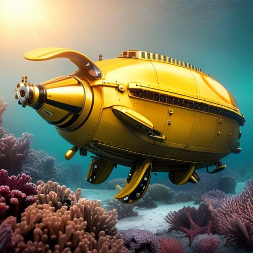 a yellow submarine underwater in the ocean surronded by marine ...