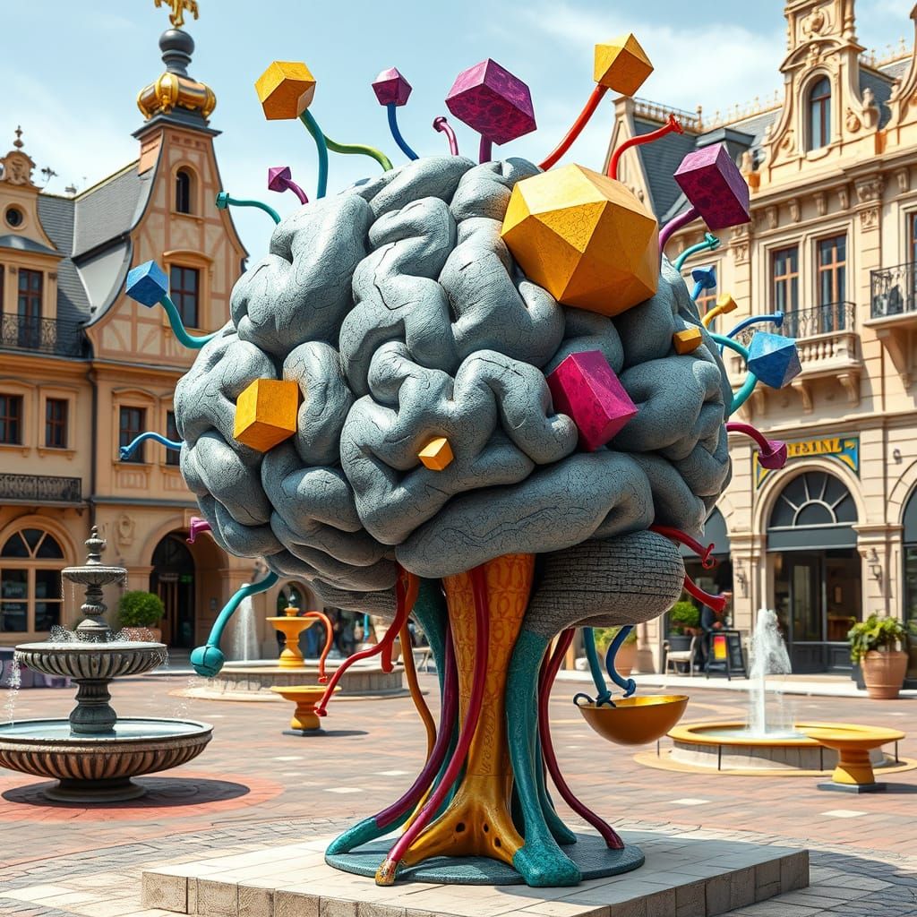 Cubist Brain Sculpture in Vibrant Town Square - AI Art