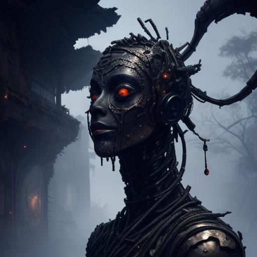 Close-up metallic mummy patched liquid and glitter sculpture with weird ...