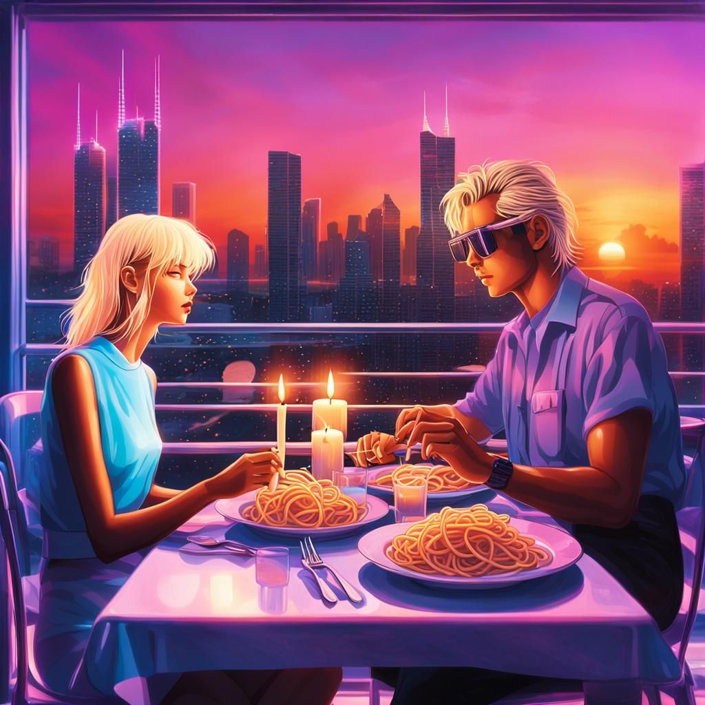 Synthwave Sunset Dinner Scene with Robots, in a Cy... - AI Art