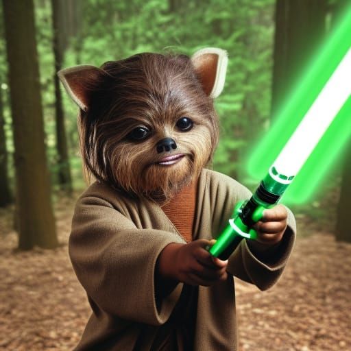 Photograph Portrait of a real Ewok Jedi holding a green lightsaber - AI Generated Artwork ...