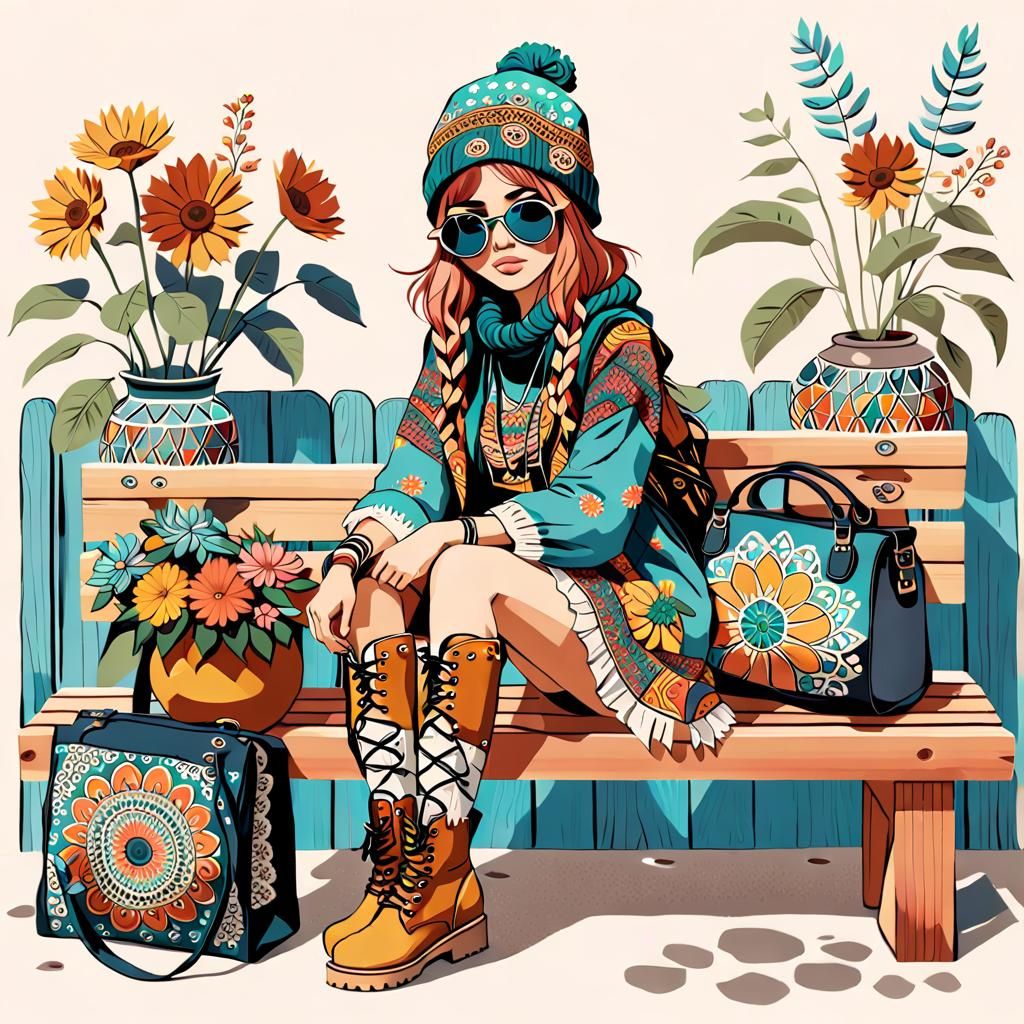 Boho Hippie Girl on Bench - AI Generated Artwork - NightCafe Creator
