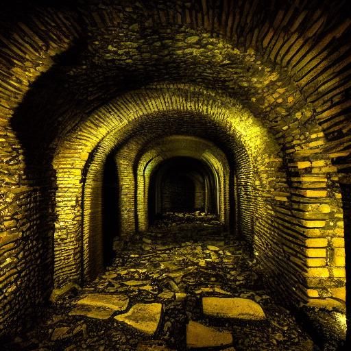 catacombs illuminated by torch light, dank, dripping, mossy, stone and ...