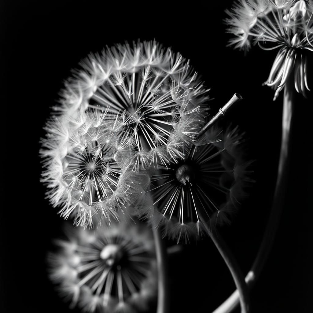 Twisted Dandelion Forms in High Contrast Black and... - AI Art