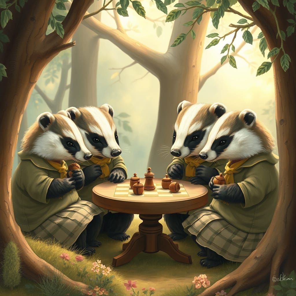 Badger Family Chess Game in Woodland Grove - AI Art