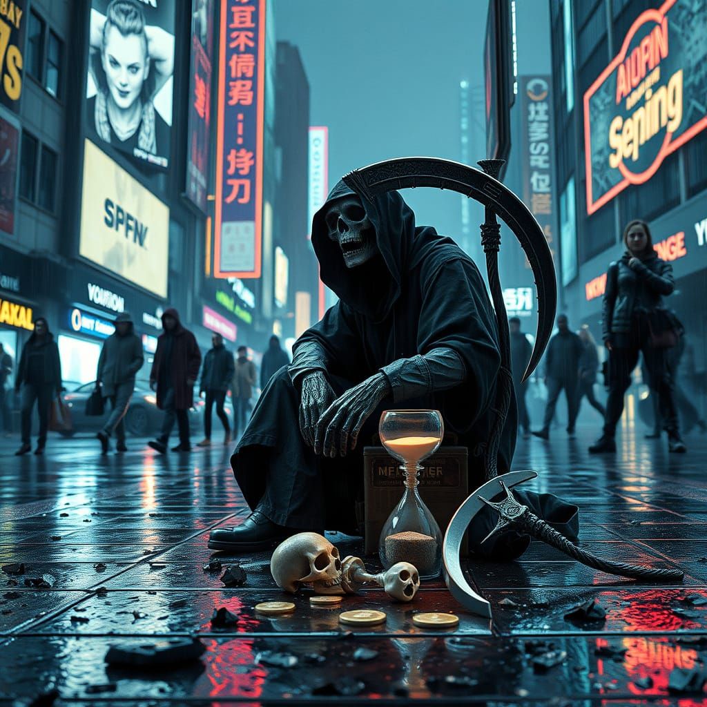 Grim Reaper in Cyberpunk Dystopia, Forgotten as An... - AI Art