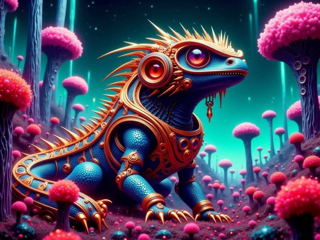 Reptilian in Neon Rococo Sci-Fi Landscape - AI Art