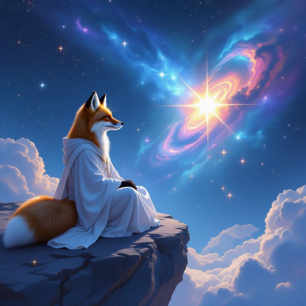 Celestial Fox Oracle Gazing at Starry Wanderer - AI Art