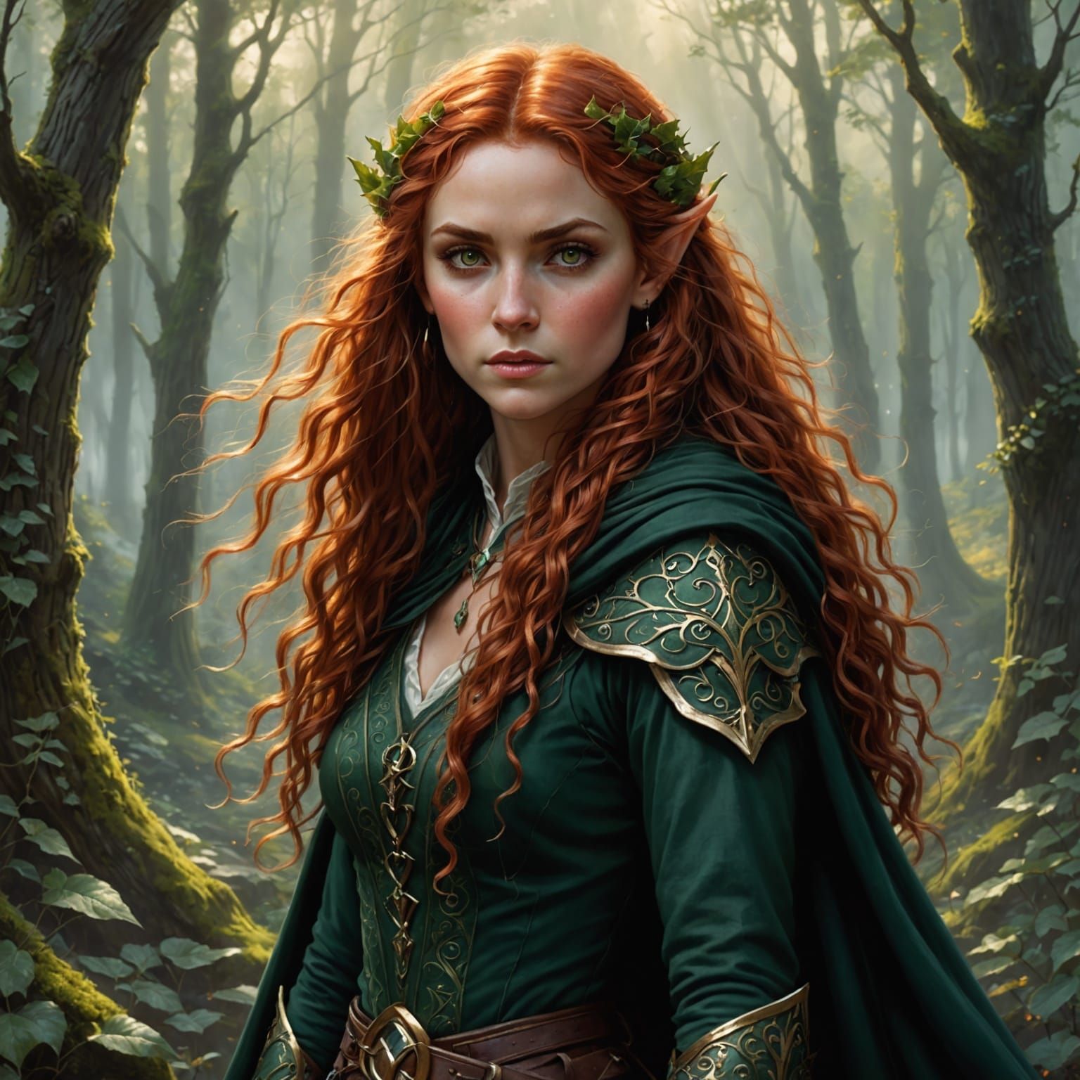 A beautiful female elf with long, curly red hair and fierce hazel eyes ...