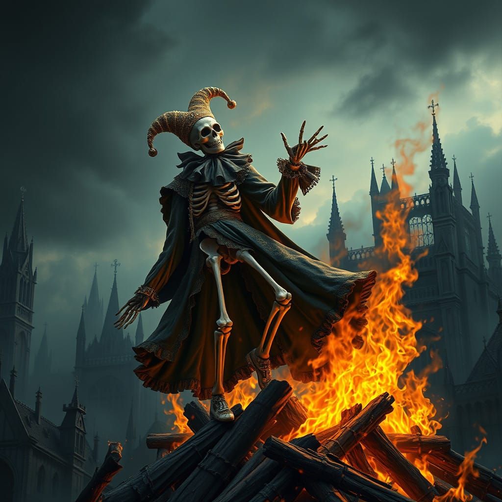 Dancing Skeleton Jester at the Queen's Funeral Pyr... - AI Art