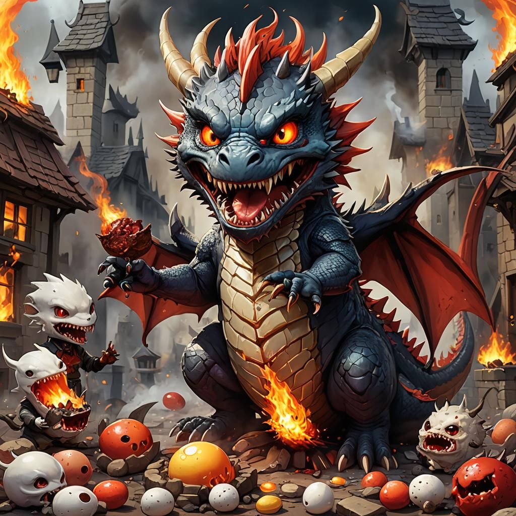 An absolutely evil and angry adult chibi dragon protecting its eggs ...