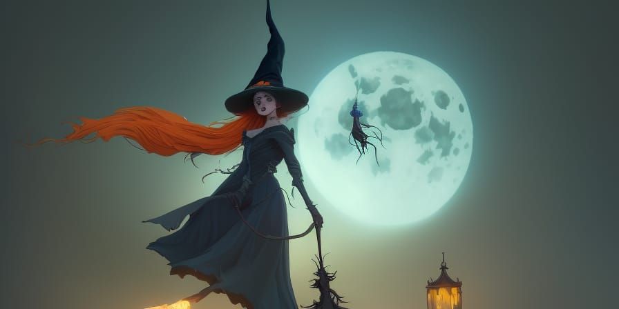 Tim Burton style witch on her broom in front of a blue moon. - AI ...